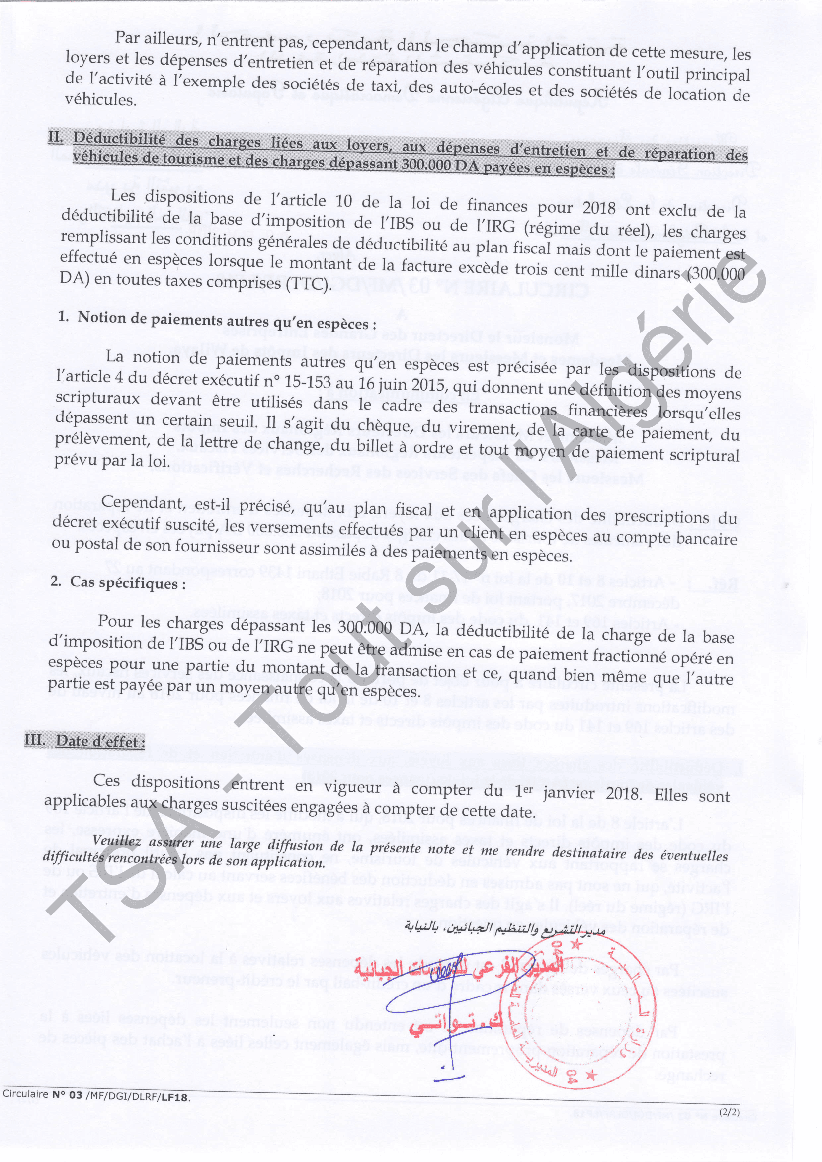 Document : la circulaire de la DGI sur le paiement en espèces — TSA