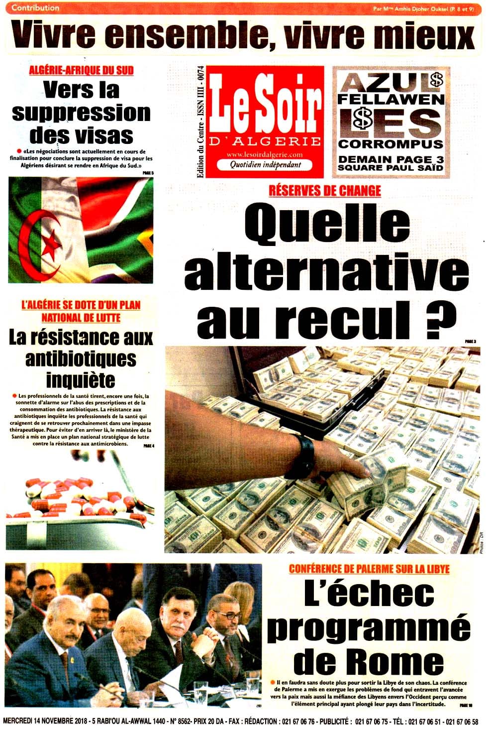 Revue de presse – Les Unes de vos journaux du mercredi 14 novembre — TSA