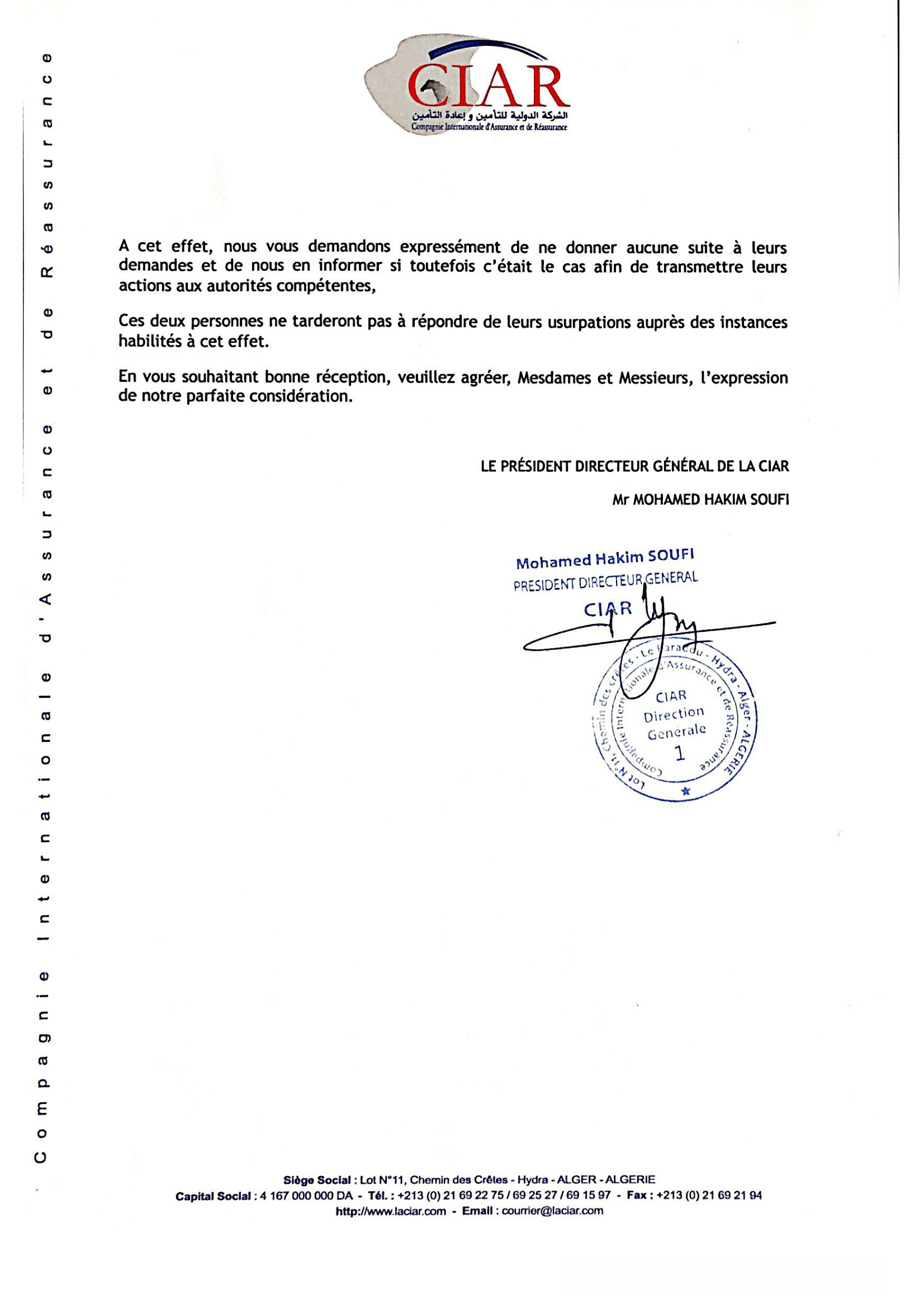 A l'attention des banques domiciliatrices des comptes de la CIAR spa - TSA
