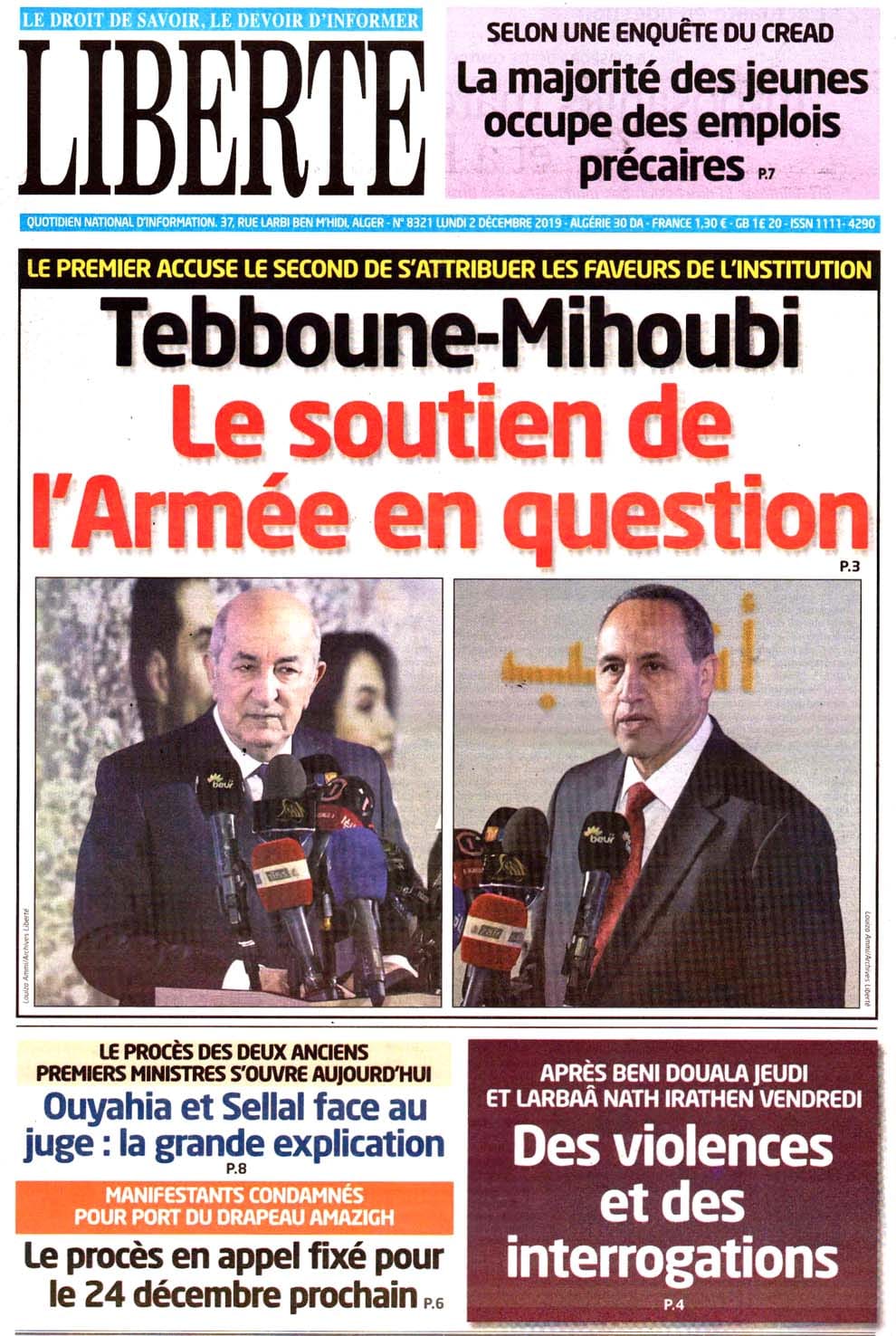 Revue de presse – Les Unes de vos journaux du lundi 2 décembre — TSA